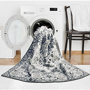 Wasbable Area Rug 5x7 Bedroom - Living Room Stain Resistant Thin Rugs with Rubber Backing - Large Grey Indoor Floor Carpet for Dining Room Office，Grey/Cream