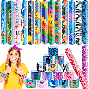 Slap Bracelets Kids Party Favors 48PCS Snap Bracelet Wrist Bands for Boys Girls Birthday Gift Treasure Box Classroom Rewards Goodie Bag Fillers Pinata Stuffers Xmas Easter Valentine Halloween Supplies