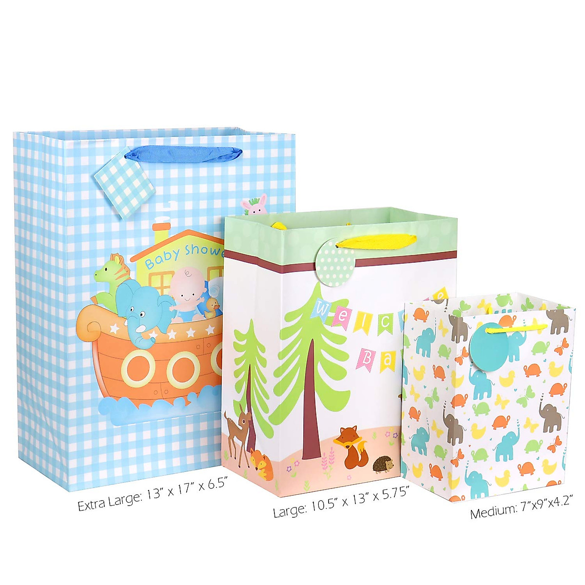 12 Pcs Baby Gift Bags, Large, Medium and Small Gift Bags Assortment for Baby Shower, Birthday, Parties, Baby Girl, and Baby Boy (Assorted Sizes)