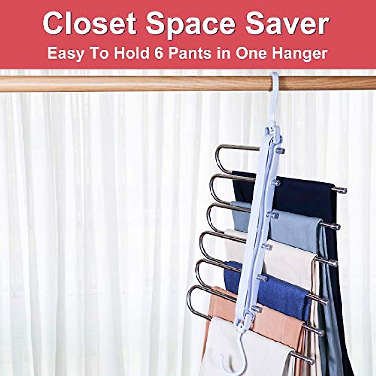 Niclogi Pants Hangers 6 Layers Space Saving Trouser Hangers, 4 Pack Multifunctional Pant Rack Stainless Steel Folding Closet Storage Organizer for Pants Slacks Jeans Trousers Towel（Grey）