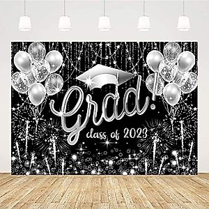 Ticuenicoa 7x5ft Silver Black Congrats Grad Backdrop for Photoshot Class of 2023 Congratulations Graduation Party Decor Silver Photography Background Prom Photo Booth Props Dessert Table Banner