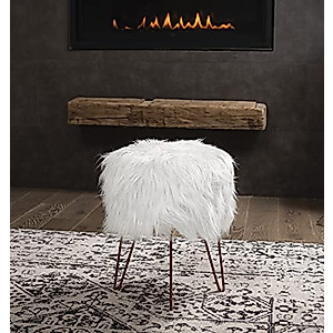 BIRDROCK HOME White Faux Fur Vanity Stool Chair - Soft Furry Compact Padded Seat - Vanity, Living Room, Bedroom and Kids Room Chairs - Hair Pin Metal Legs Upholstered Decorative Furniture Foot Rest