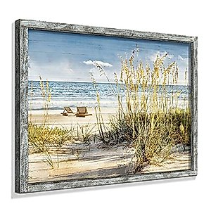 Beach Picture Wooden Artwork Framed: Coastline Wall Art Seascape Wall Decor Ocean Scene Art Prints for Bedroom 32"x24"