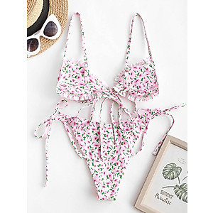 ZAFUL Ditsy Floral Frilled Tie Knot Front Strappy Bikini Sets Swimwear Pink