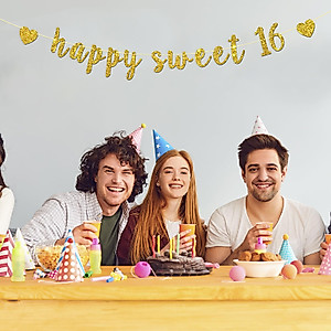 Happy Sweet 16 Banner, 16 and Fabulous, Cheer to 16 Years, Gold Glitter Happy 16th Birthday Party Decorations Supplies