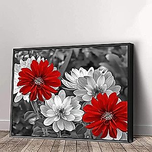 Bathroom Decor Canvas Red Flower Wall Art Poster Unframed Bedroom Decor Red Bathroom Accessories Modern Red Flower On Black and White Wall Art Canvas Pictures Prints for Living Room Home Decor