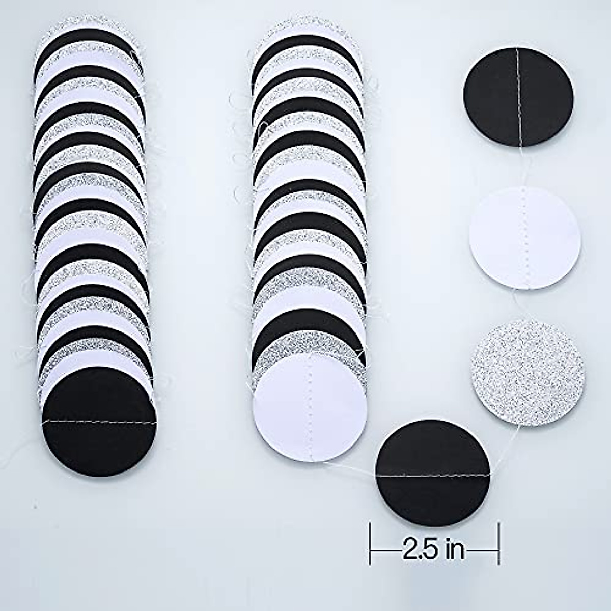 Black White Silver Glitter Paper Garland Circle Dot Streamer Banner for Graduation Bridal Shower Wedding Birthday Party Decorations, 2.5" in Diameter, 20 Feet in Total