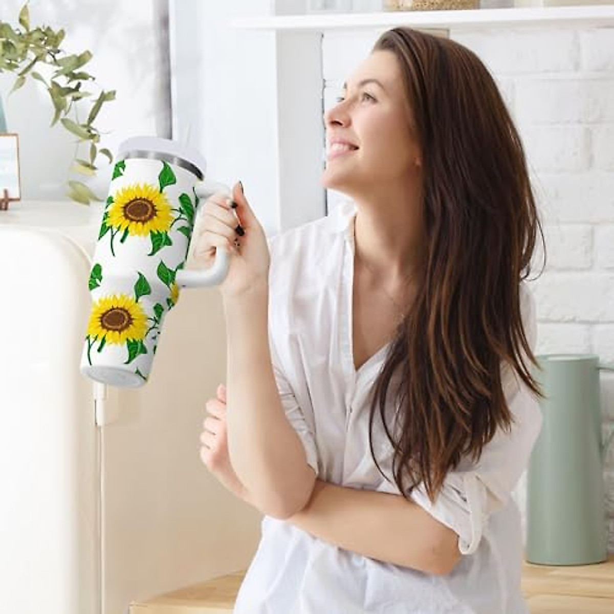 RPLIFE Bright Sunflowers Green Leaves 40 Oz Tumbler with Handle and Straw, Stainless Steel Water Bottle with Straw, Tumbler for Men