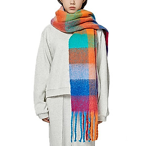 OUNIYA Large Chunky Plaid Scarf Checked Colorful Oversized Scarves Soft Big Cashmere Wool Thick Winter Warm Blanket Women (rainbow)