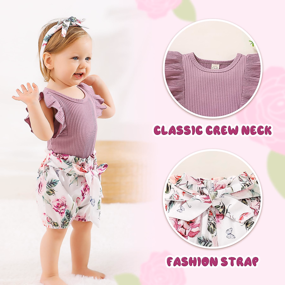 Tiny Cutey Baby Girl Clothes Infant Summer Outfits Set Ruffle Sleeve Romper and Floral Shorts with Headband (Sleeveless Purple, 90, 12_months)
