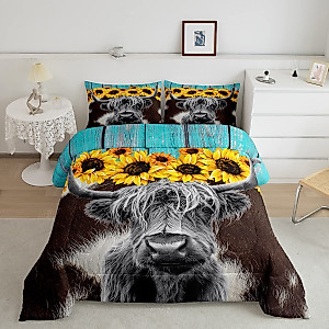 Highland Cow Bedding Set King Vintage Cow Fur Pattern Comforter Set For Kids Boys Girls Botanical Floral Quilted Comforter Farmhouse Western Cowboy Duvet Insert Retro Wooden Board Bedding, Blue Brown