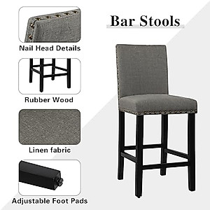 DAGONHIL 24 inch Bar Stools Set of 4, Counter Height Bar Stools with Backs, Nail Head Barstools with Wood Legs, Upholstered Kitchen Island Chairs, Gray