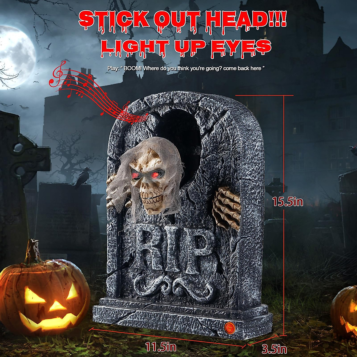 Motion Activated Halloween Animatronics Zombie Tombstone - LED Gravestone Decorations with Spooky Skeleton Skull Head, Light Up Eyes, Creepy Voice, Scary Motion Haunted Horror Prop for Indoor/Outdoor