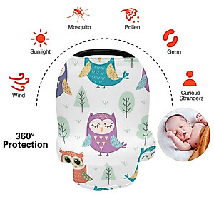 WELLDAY Baby Car Seat Covers Cartoon Owls Stretchy Breastfeeding Scarf Breathable Infant Carseat Canopy Nursing Covers Multi Use for Stroller High Chair Shopping Cart Boys and Girls