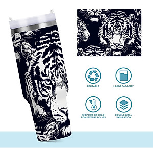 ALAZA White Tiger Portrait 40 oz Tumbler Stainless Steel Water Bottle Vacuum Insulated Cup with Straw Lid & Handle For Travel Car Cup Holder