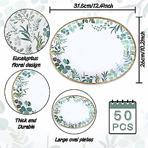 TWOWYHI 50PCS Eucalyptus Sage Green Paper Plates 10" X 12" Oval Plates Disposable Large Party Plates Green Floral Paper Plates Dinner Plates for Wedding Bridal Shower Tableware Decor