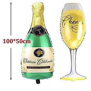 CheeseandU 3Packs Party Large Foil Balloons - Green Bottle & Champagne goblet & Diamond Ring for Bar Valentines Wedding Decors Aluminium Balloon Birthday Party Decoration Supplies (STY-4)