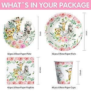 HIPVVILD Safari Jungle Theme Party Supplies for Girl - Animal Safari Birthday Baby Shower Decorations Tableware Include 9" Plates, 7" Plate, Cup, Napkin, Jungle Safari Party Decorations | Serve 48