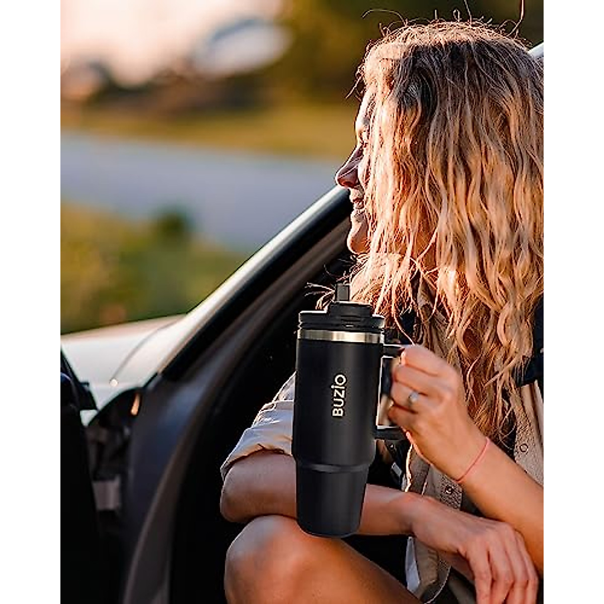 BUZIO 40oz Tumbler with Handle and Straw Lid, Stainless Steel Water Bottle Fits in Cup Holder, Insulated Tumbler Reusable Coffee Mug Travel Flask,Leak-Proof, Keep Cold for 24 Hrs/Hot for 12 Hrs, Black