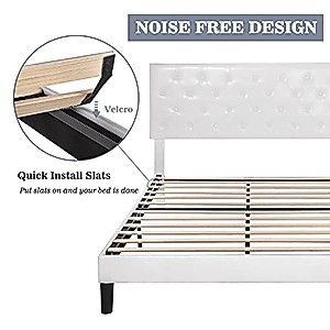 Allewie Full Bed Frame with Adjustable Diamond Stitched Button Tufted Headboard/Faux Leather Upholstered Platform Bed with Easy-Assembly Wood slats, White