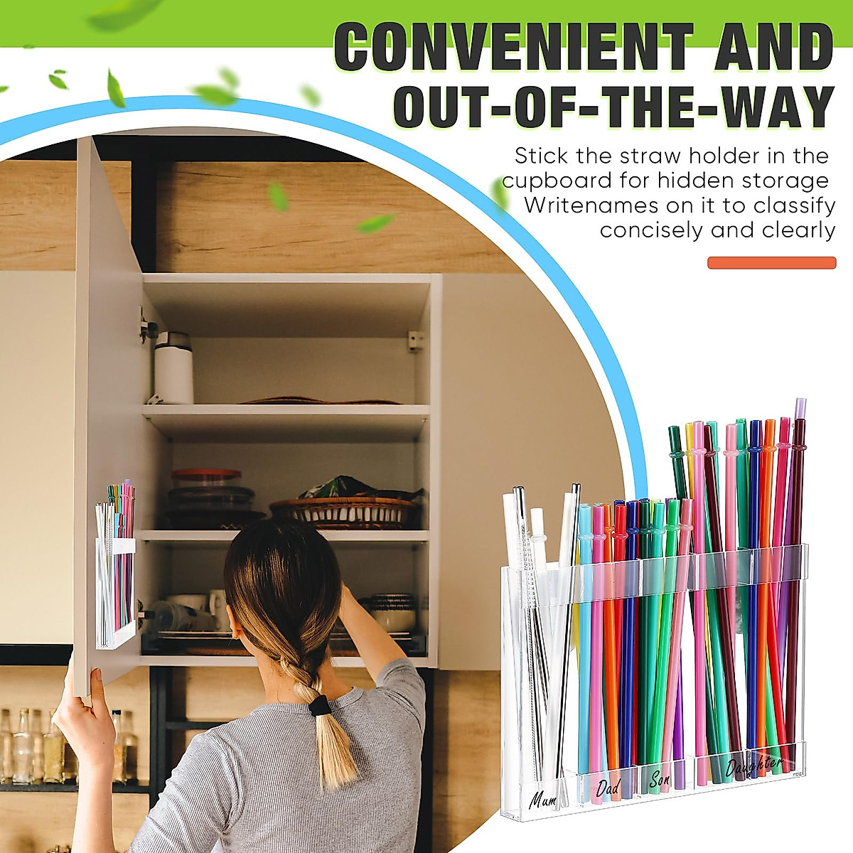 Qinyoung Acrylic Straw Holder with Double Sided Adhesive Tape Tumbler Straw Organizer for Cupboard Reusable Tumbler Straw Storage Container for Kitchen Counter (Transparent)