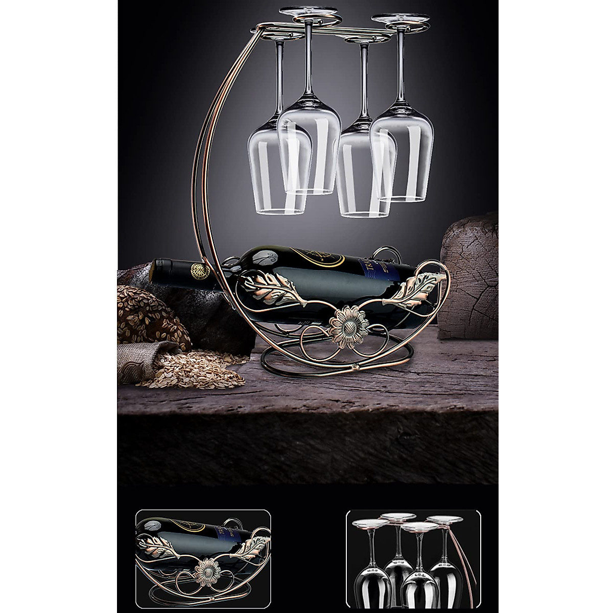 Homya Tabletop Metal Wine Glass Holder, Wine Countertop Goblet Holder Kitchen Bar Display Stand for Handy Wine Glasses Wine Bottle Holds 1 and 4 Wine Glasses, Table Wine Bottle Accessories, Bronze