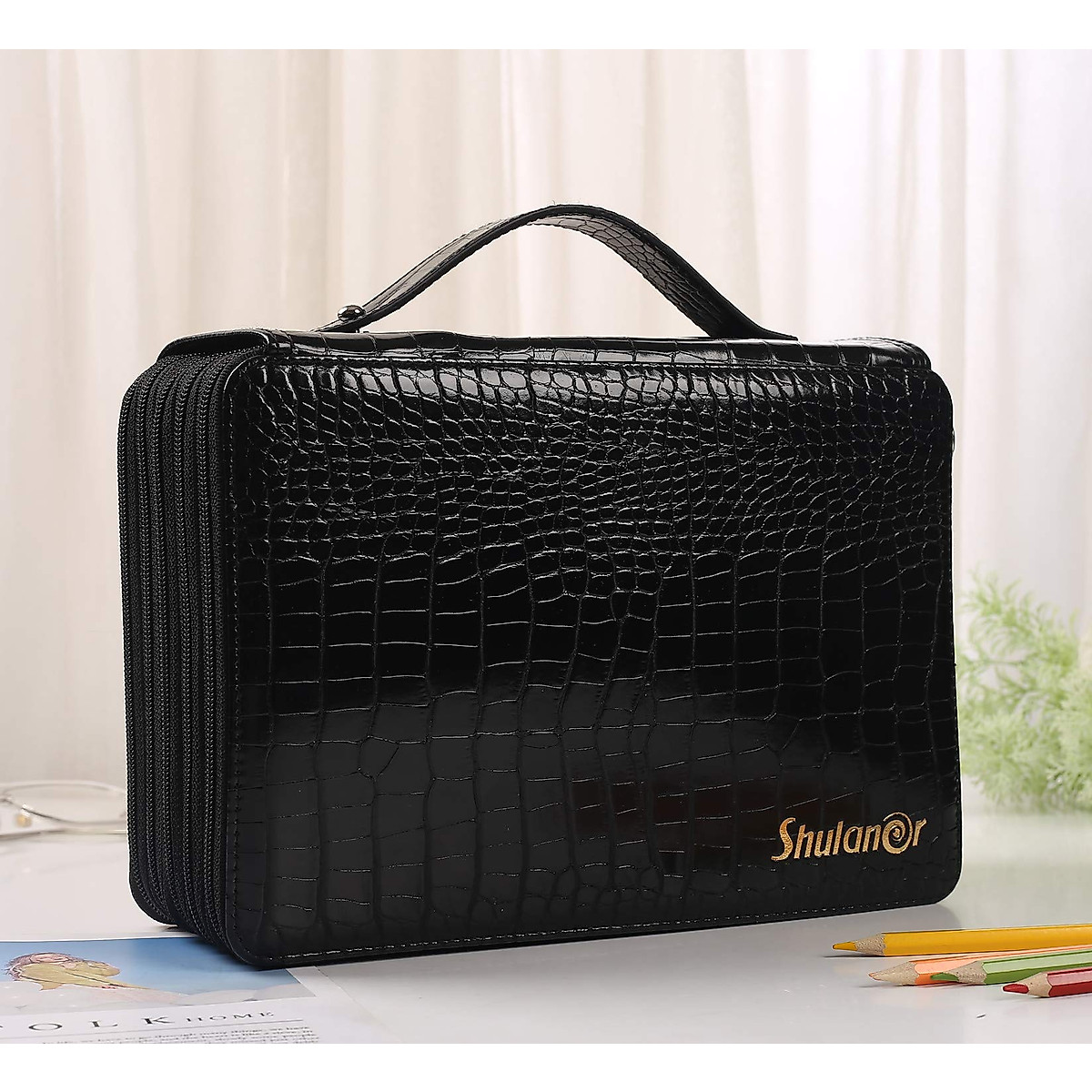 Shulaner 250 Slots Colored Pencil Case Organizer with Zipper PU Leather Large Capacity Pen Holder Bag for Artist Croco Black