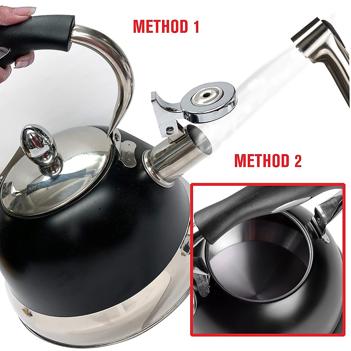 Emeril Lagasse 2.6 Quart/2.5 Liter Whistling Tea Kettle, Stainless Steel Tea Pot for Induction Stove Top, Fast to Boil Water for Home Kitchen Condo, with Ergonomic Cool Folding Grip Handle, Black Comb