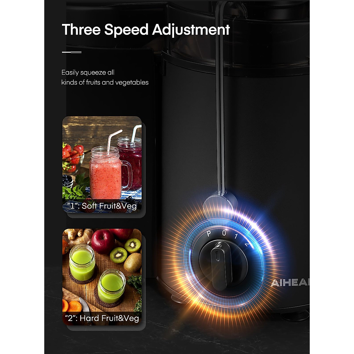 Juicer Machines, Aiheal Juicer Vegetable and Fruit Easy to Clean, Centrifugal Juicer with 3” Wide Mouth, 3 Speed Control, Overload Protection System, Cleaning Brush and Recipe Included, Black