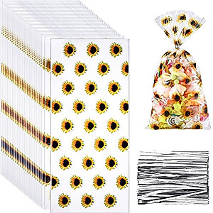 100 Pieces Sunflower Cellophane Bags Cello Clear Candy Bags Plastic Goodie Storage Bags with 150 Pieces Twist Ties for Sunflower Party Favors