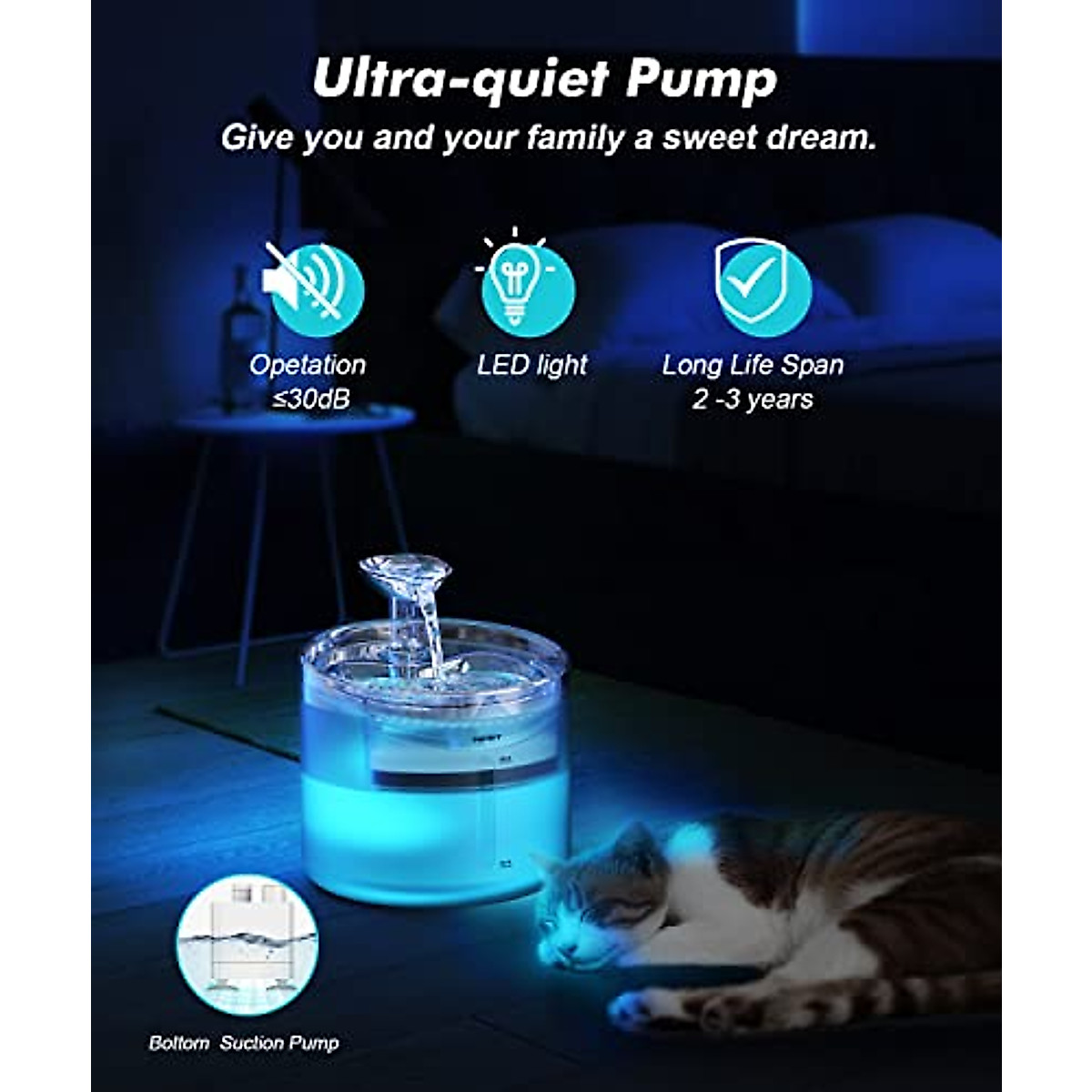 NPET WF100 Cat Water Fountain, 54oz/1.6L Automatic Pet Fountain Cat Water Dispenser with 2 Flow Modes, Light Quiet Pump for Cats