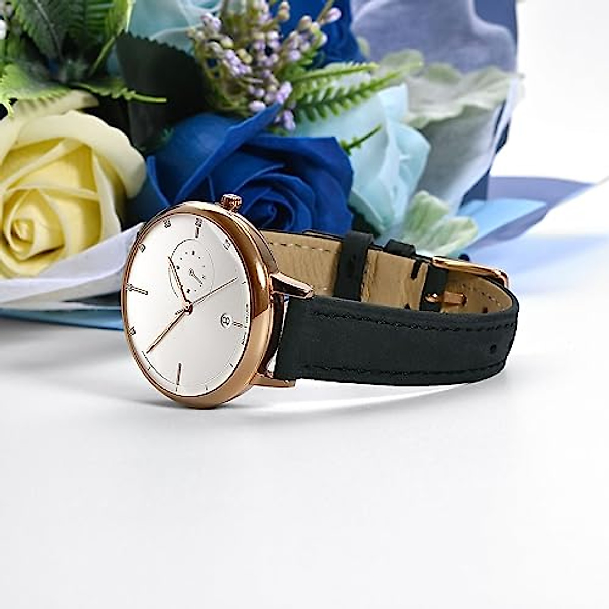 ANNEFIT Genuine Leather Watch Strap for Women, Quick Release Replacement Band 14mm (Black)