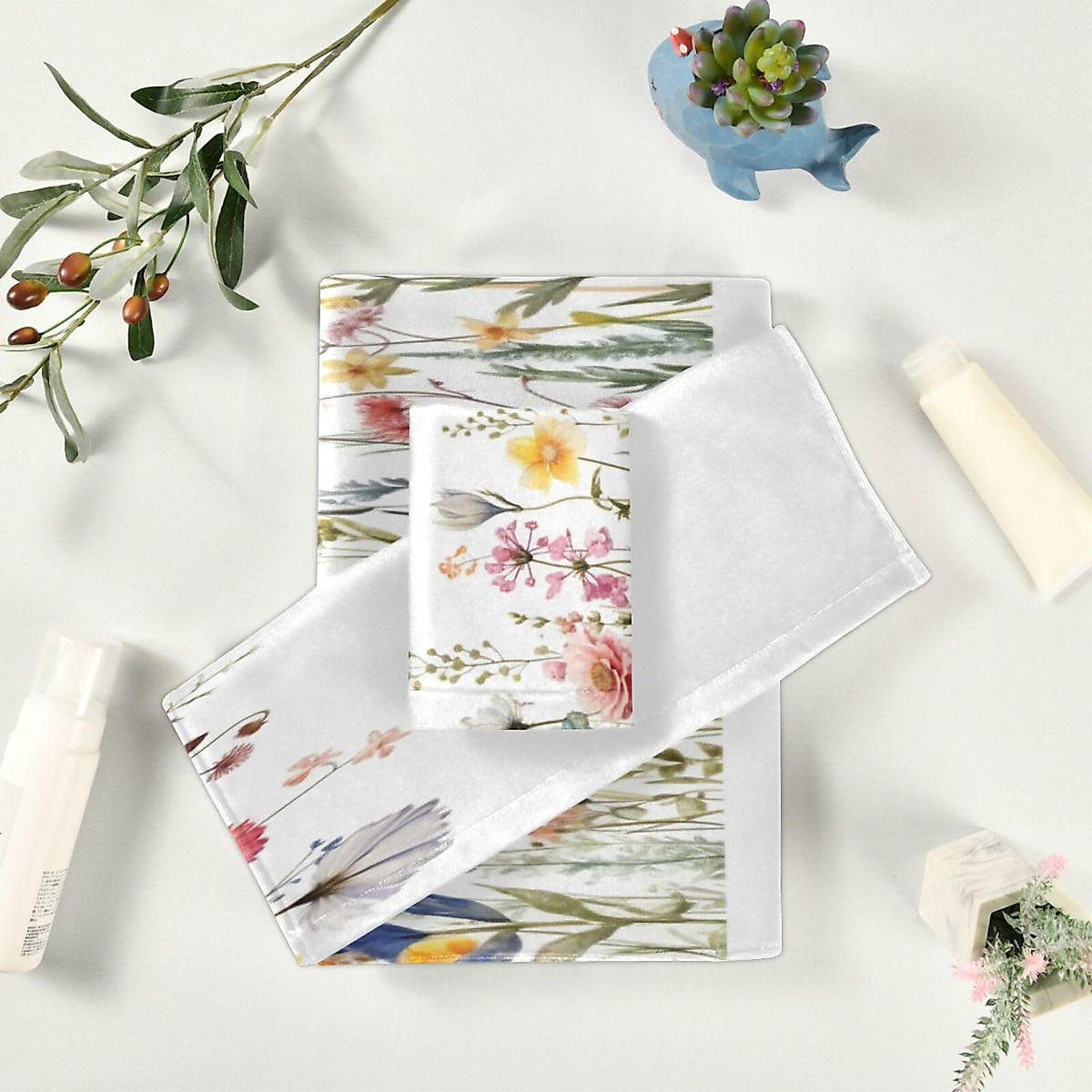 Flradish Watercolor Flowers Butterflies Towels 3 Pack Bath Towels for Bathroom Set Soft Cotton Highly Absorbent Lightweight & Quickdry Towel Set 1 Bath Towel,1 Hand Towel,1 Washclothe