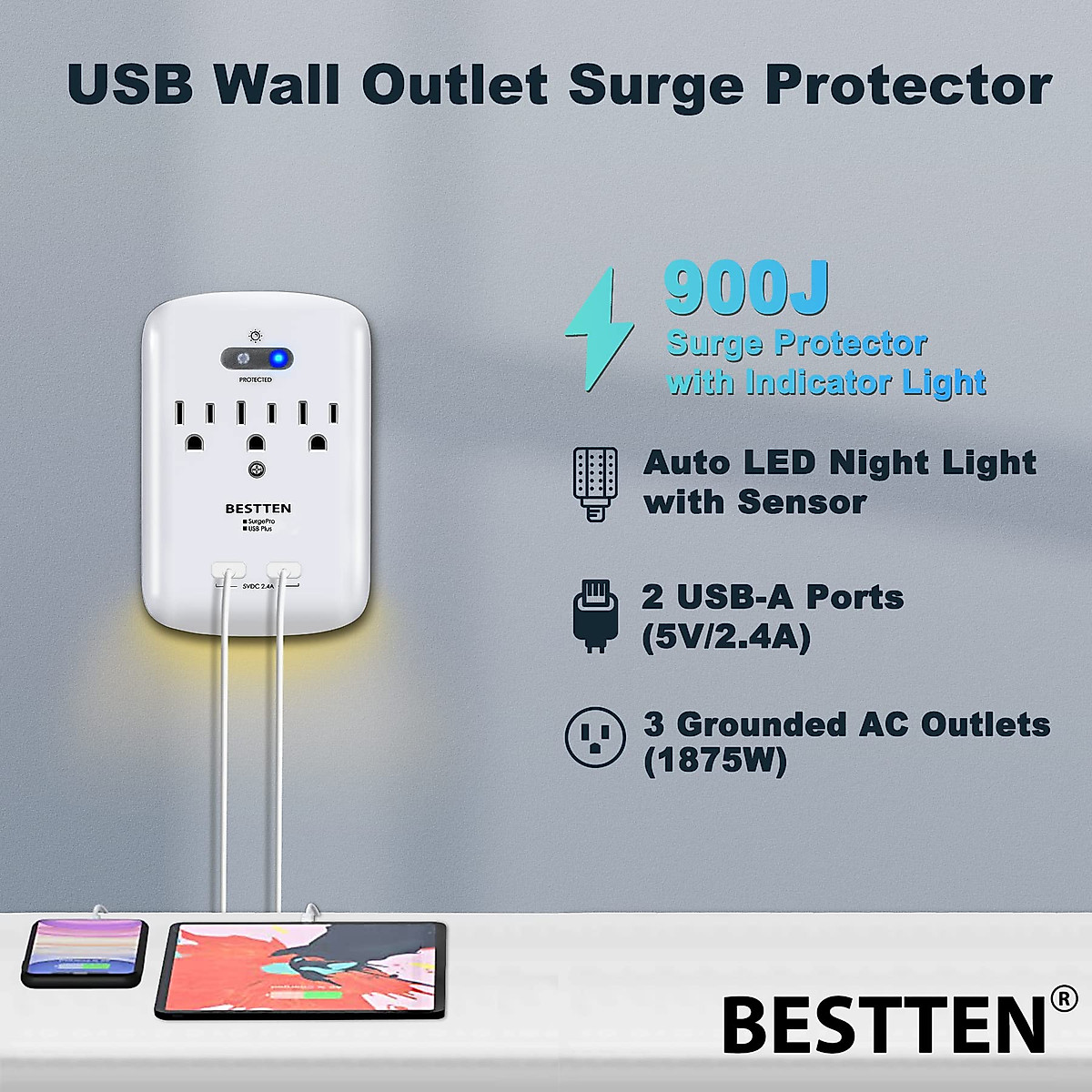 BESTTEN [3 Pack] USB Wall Outlet Surge Protector, 2.4A Dual USB Ports, 3 AC Outlets, 900 Joule Surge Suppression Rating, LED Night Light, ETL Listed