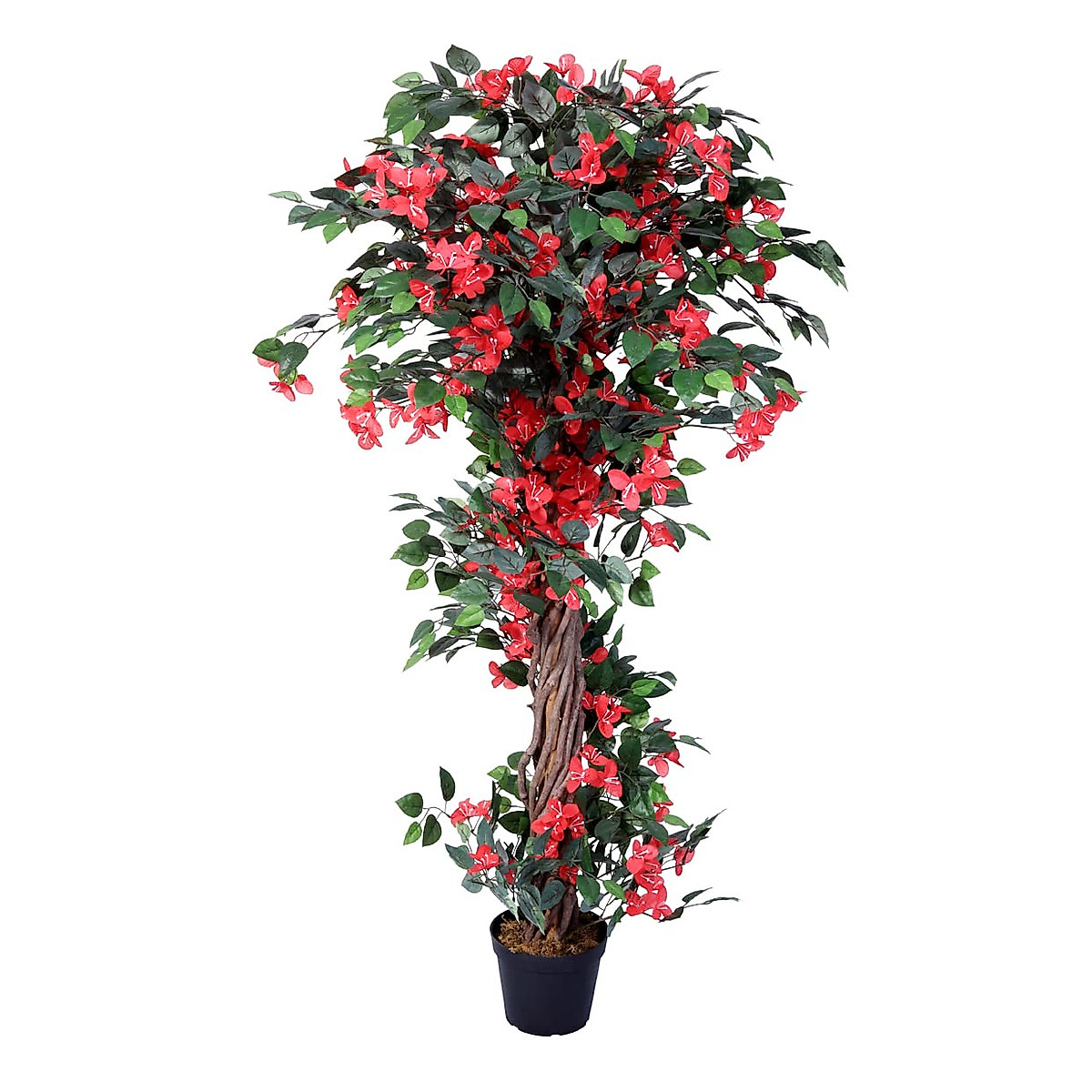 Pair AMERIQUE Gorgeous 5 Feet Blooming Artificial Bougainvillea Tree with Flowers & Real Wood Trunks, with Nursery Pots, Feel Real Technology Red and Green