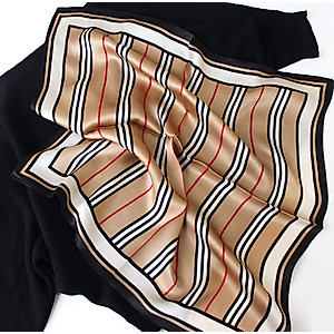 JERLA Women's Men's Small Square 100% Real Mulberry Silk satin Scarfs Hair head face scarf 21" x 21" (Stripe khaki)