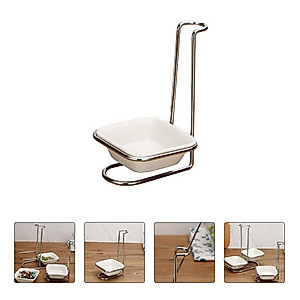 DOITOOL White Ceramic Double Ladle Spoon Rest Holder with Stainless Steel Rack Upright Utensil Holder for Stovetop Kitchen Counter Organization