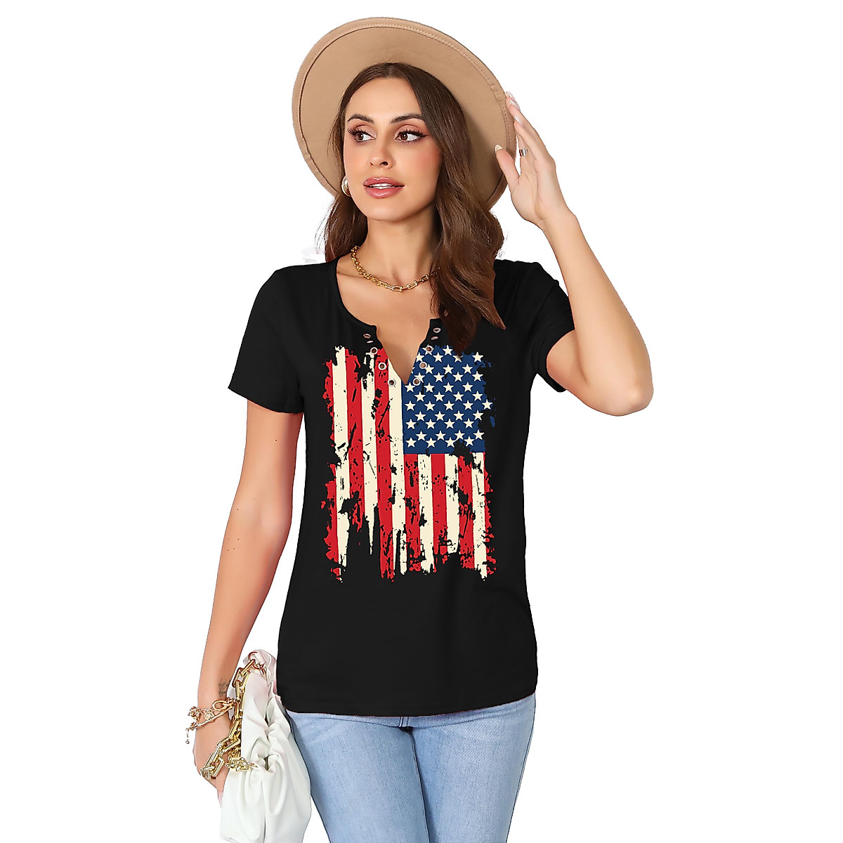 YI XIANG RAN American Flag Shirt Tops Womens 4th of July T-Shirts Ring Hole Short Sleeve Sexy V-Neck Patriotic Tees (Black1, Large)