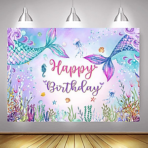 Mocsicka Mermaid Birthday Backdrop Under The Sea Birthday Party Decoration for Girl Blue Purple Mermaid Tails Photography Background (7x5ft(82x60 inch))