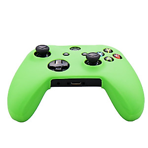 MXRC Silicone Rubber Cover Skin case Anti-Slip Customize for Xbox One/S/X Controller x 4(Green & Orange & Purple & Yellow) + FPS PRO Extra Height Thumb Grips x 8
