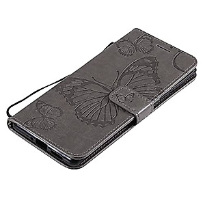 SATURCASE Case for Oppo Reno 6 Pro 5G, Butterfly Embossing PU Leather Flip Magnet Wallet Stand Card Slots Hand Strap Protective Cover for Oppo Reno 6 Pro 5G (Gray)