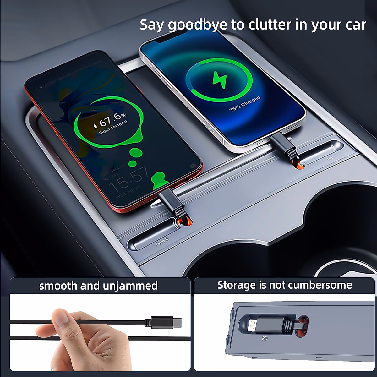 ROADRESS Tesla USB Hub for Model 3 Model Y 2021 2022 2023 Center Consoles with Dual Retractable Charging Cable, Lightning Cable Fast Charging Up to 27W