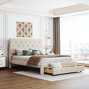 Prohon Queen Size Platform Bed Velvet Upholstered Bed Frame with Drawer, No Box Spring Needed, Bed Frame for Kids, Teen, Adults