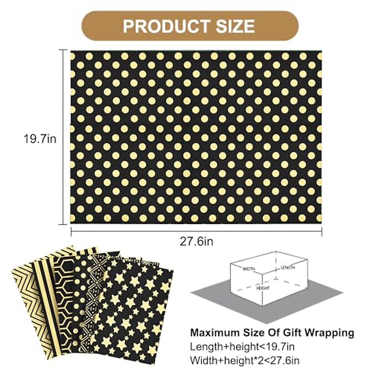 BEISHIDA 6 Styles Christmas Gift Wrapping Paper Set with Ribbon&Double-Sided Tape,Birthday Gift Wrapping Paper with Black Gold-Metallic Foil Design,DIY Craft,12 Sheets Folded 20x28in