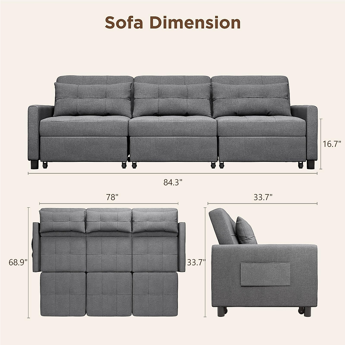 Aiho Convertible Sectional Sofa Bed, Sleeper Sofa Bed with Adjustment Backrest, 84" Pull Out Couch with Ottoman for Livingroom, Apartment, Dark Gray
