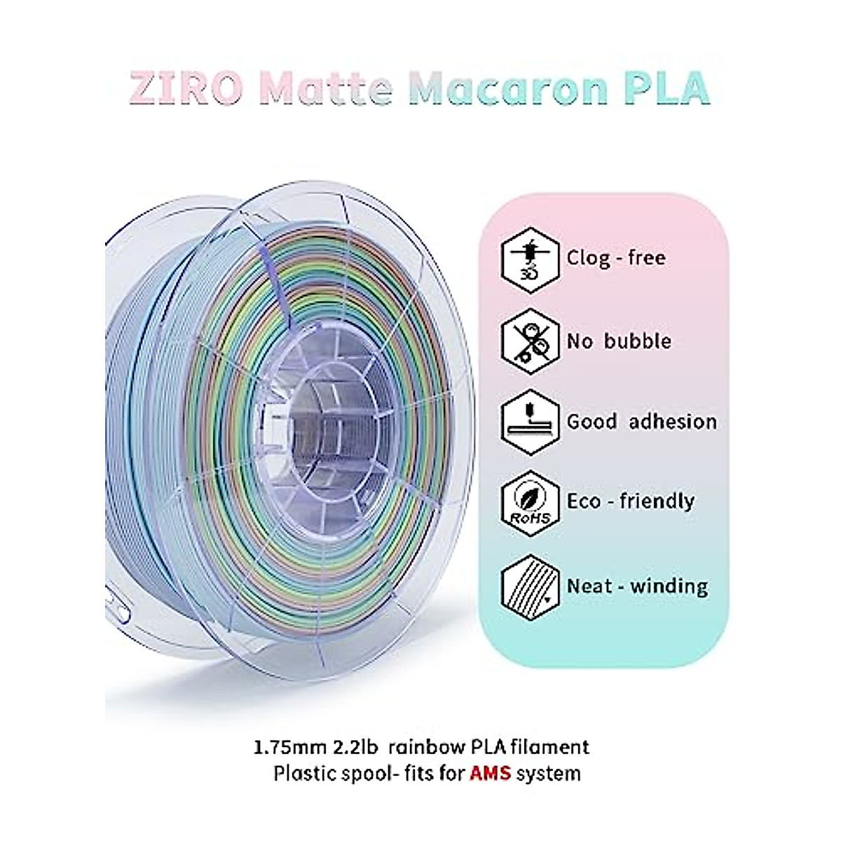 ZIRO 3D Printer Filament,Matte PLA Filament 1.75mm,Multicolor Rainbow PLA Filament,1KG/2.2lb,Macaron