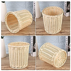 Zerodeko Woven Storage Baskets Round Rattan Waste Basket Woven Trash Can Paper Waste Basket Straw Wicker Sundries Storage Basket Garbage Container Bin for Bathroom Kitchen Beige Woven Baskets