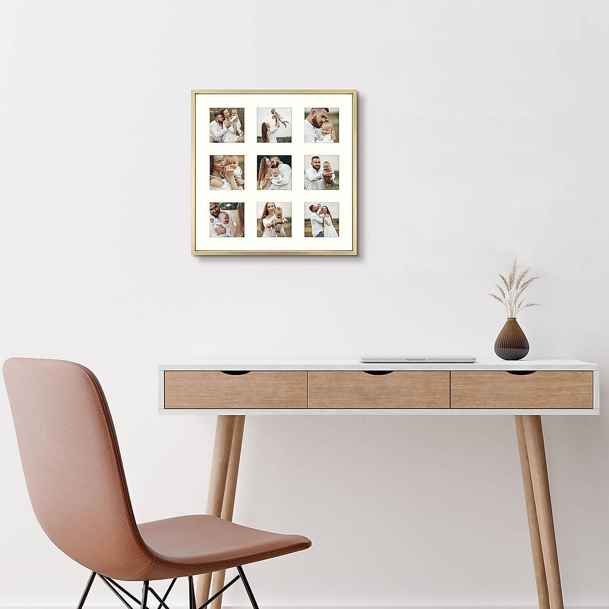 Golden State Art, 4x4 Aluminum Collage Frame, Displays 4 x 4 Pictures With 9 Openings Mat or One 16x16 Photo, Real Glass, Wall Display, Gold, 1 Pack