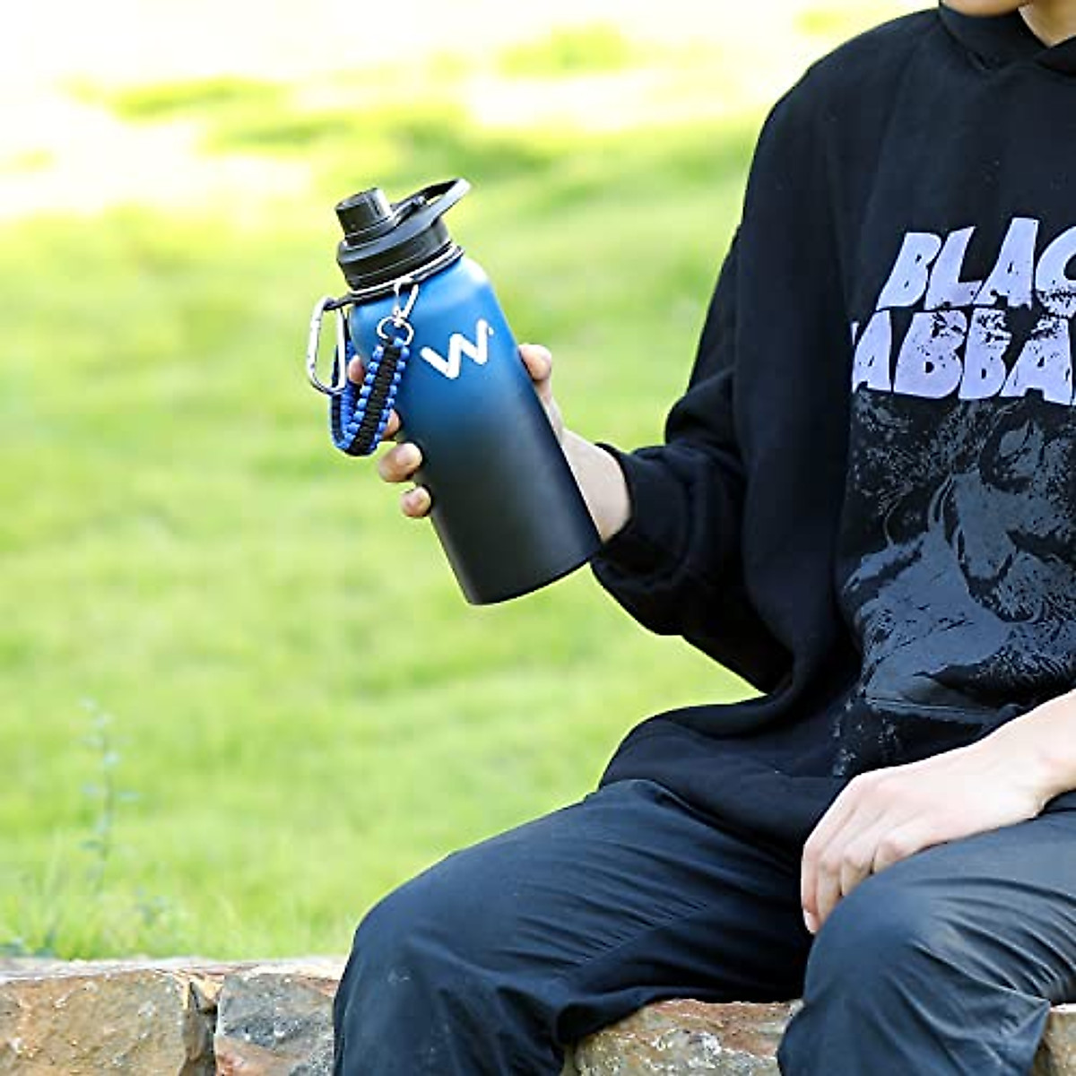 WEREWOLVES 24 oz Insulated Water Bottle With Paracord Handles & Strap & Straw Lid & Spout Lid,Reusable Wide Mouth Vacuum Stainless Steel Water Bottle for Adults (New-Blue Black, 24 oz)