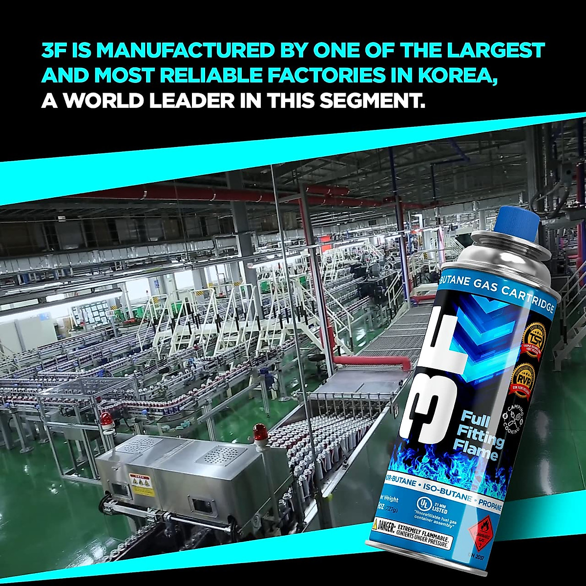 3F Butane Fuel Canister, 8oz, 4 Pack, For Camping Stoves and Torch Heads Compatible with 8oz Canisters, Triple Seamed RVR (TSR/RVR), Refined and Pure